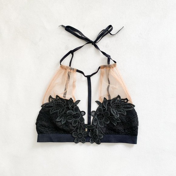 ASOS | Intimates & Sleepwear | Black Floral Lace Applique Mesh Bralette ...
